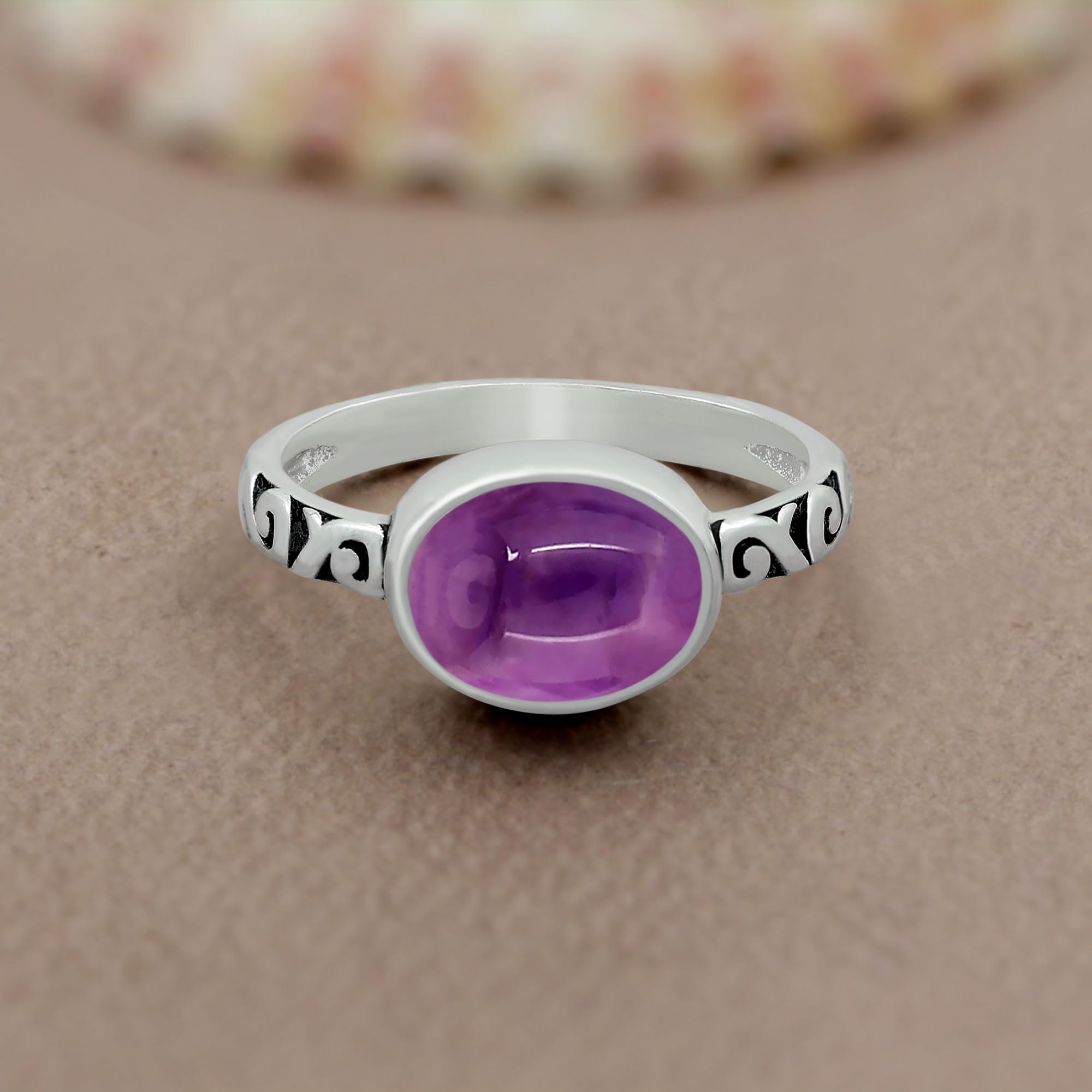 925 Silver Plated 3.10Cts Natural Amethyst Ring Size 6 For Women, Purple Stone February Birthstone Ring Jewelry Mother'S Day Gifts For Mom Wife