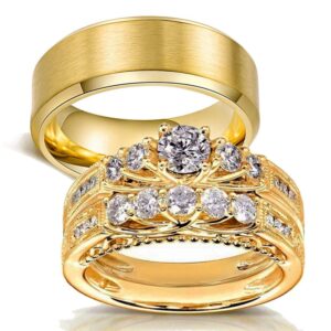 gy jewelry his and hers wedding ring sets couples matching rings women yellow gold plated cubic zirconia wedding engagement ring bridal sets & men's stainless steel wedding band