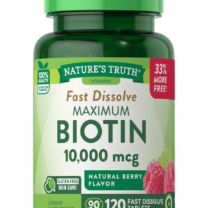 Biotin 10000mcg | 120 Fast Dissolve Tablets | Maximum Strength | Hair Skin and Nails Supplement | Natural Berry Flavor | Vegetarian, Non-GMO, Gluten Free | by Nature's Truth