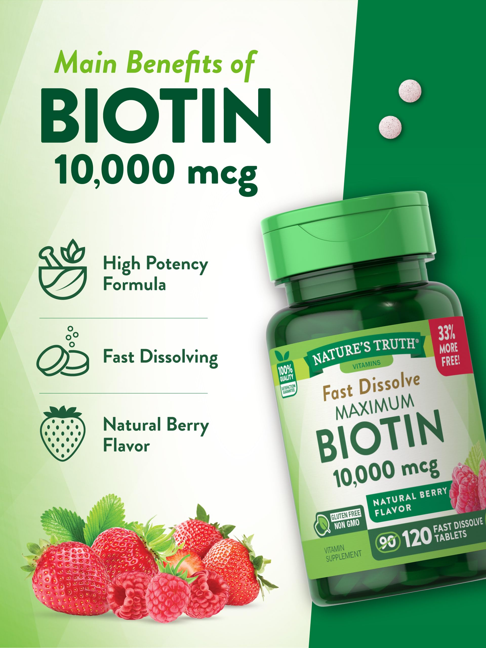 Biotin 10000mcg | 120 Fast Dissolve Tablets | Maximum Strength | Hair Skin and Nails Supplement | Natural Berry Flavor | Vegetarian, Non-GMO, Gluten Free | by Nature's Truth