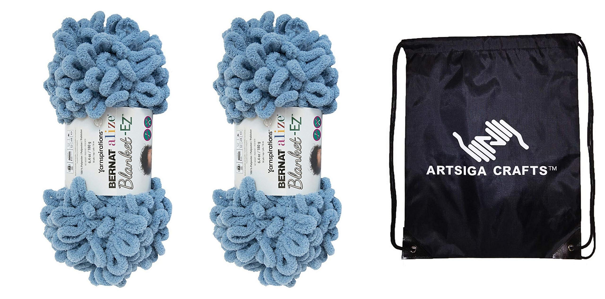 Bernat Knitting Yarn Alize Blanket EZ Country Blue 2-Skein Factory Pack (Same Dyelot) 161037-37018 Bundle with 1 Artsiga Crafts Project Bag