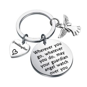 lqri drive safe keychain traveler gift wherever you go may your guardian angel watch over you guardian angel keychain for dad mom daughter grandma granddaughter aunt gift (granddaughter)