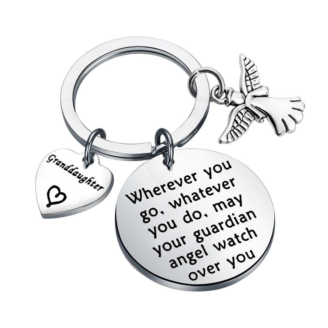 LQRI Drive Safe Keychain Traveler Gift Wherever You Go May Your Guardian Angel Watch Over You Guardian Angel Keychain for Dad Mom Daughter Grandma Granddaughter Aunt Gift (granddaughter)