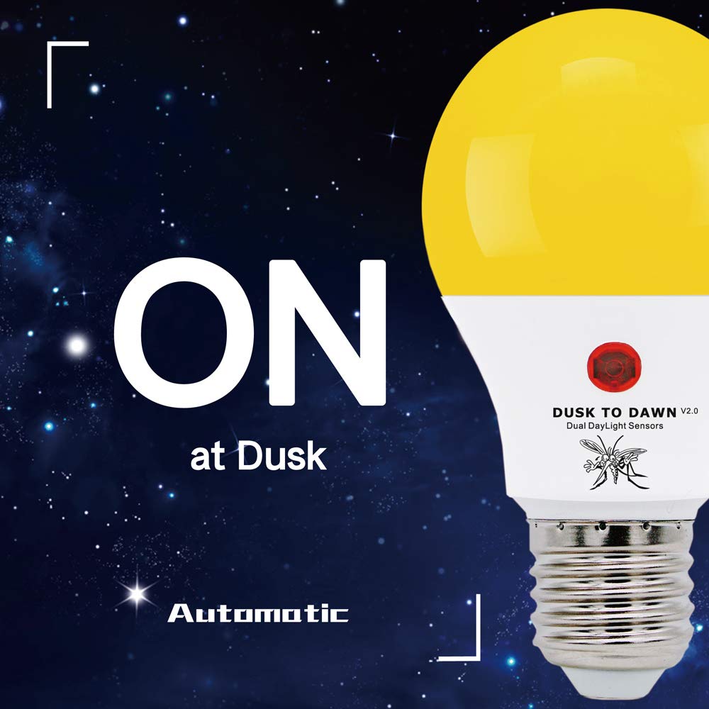 Dusk to Dawn LED Mosquito Bulb with Dual DayLight Sensor,Bug Free & ON/OFF Automatic Depends On DayLight Level,9 Watt,Edison Screw E26,Pack of 4