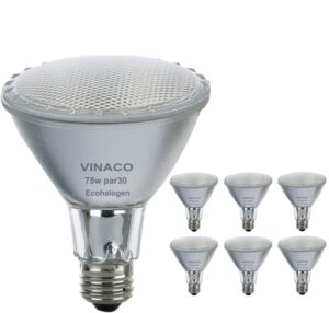 vinaco par30 long neck halogen 75w, 6pcs par30s 75w 120v flood light bulbs, dimmable, high efficiency& long lasting life, e26 base, 3000k warm white, great for accent lighting, tracking light