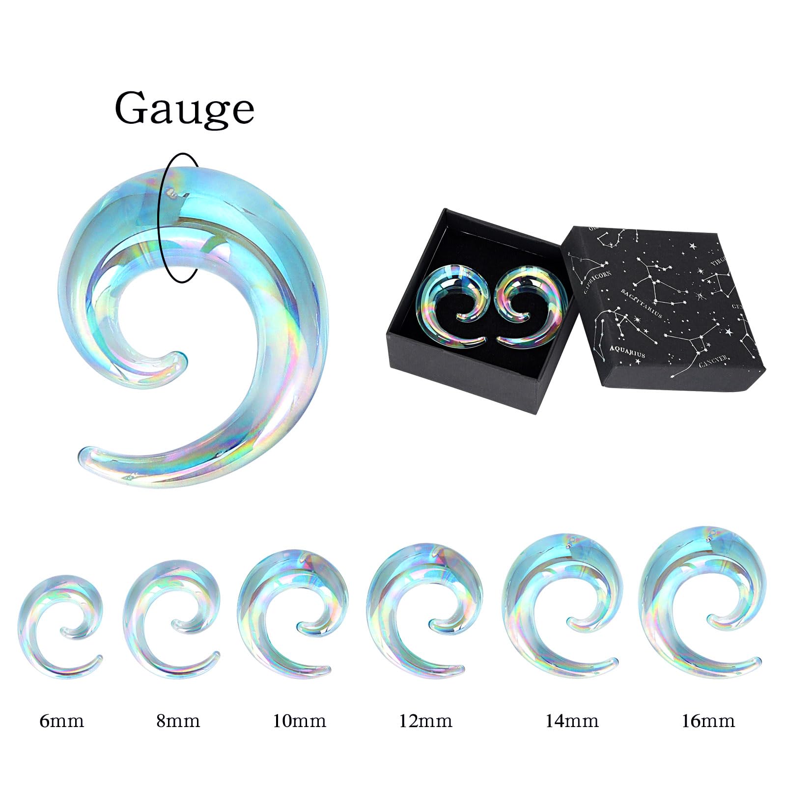 Oyaface 2 PCS Glass Ear Tapers Plugs 0G(8MM) Clear Handmade Hanger Gauges Piercing Jewelry Spiral Shaped