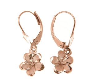 14k solid pink rose gold hawaiian 13mm plumeria flower leverback earrings