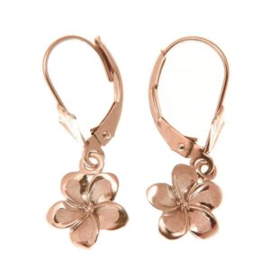 14K solid pink rose gold Hawaiian 13mm plumeria flower leverback earrings