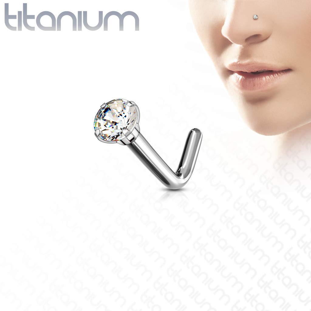 FIFTH CUE Solid Titanium L Bend Nose Stud with Prong Set Gem (18G | 3mm)