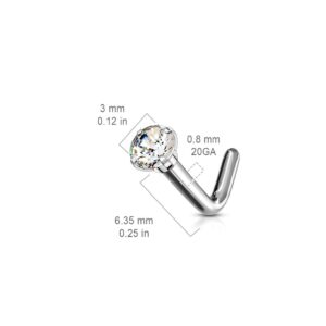 FIFTH CUE Solid Titanium L Bend Nose Stud with Prong Set Gem (18G | 3mm)