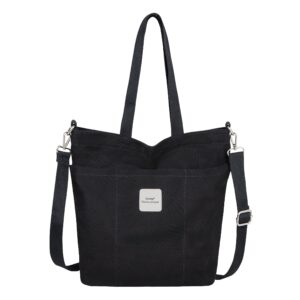 iswee canvas tote bag with zipper multi pockets tote purse for women fashion crossbody tote shoulder bag handbag everyday bag(black)