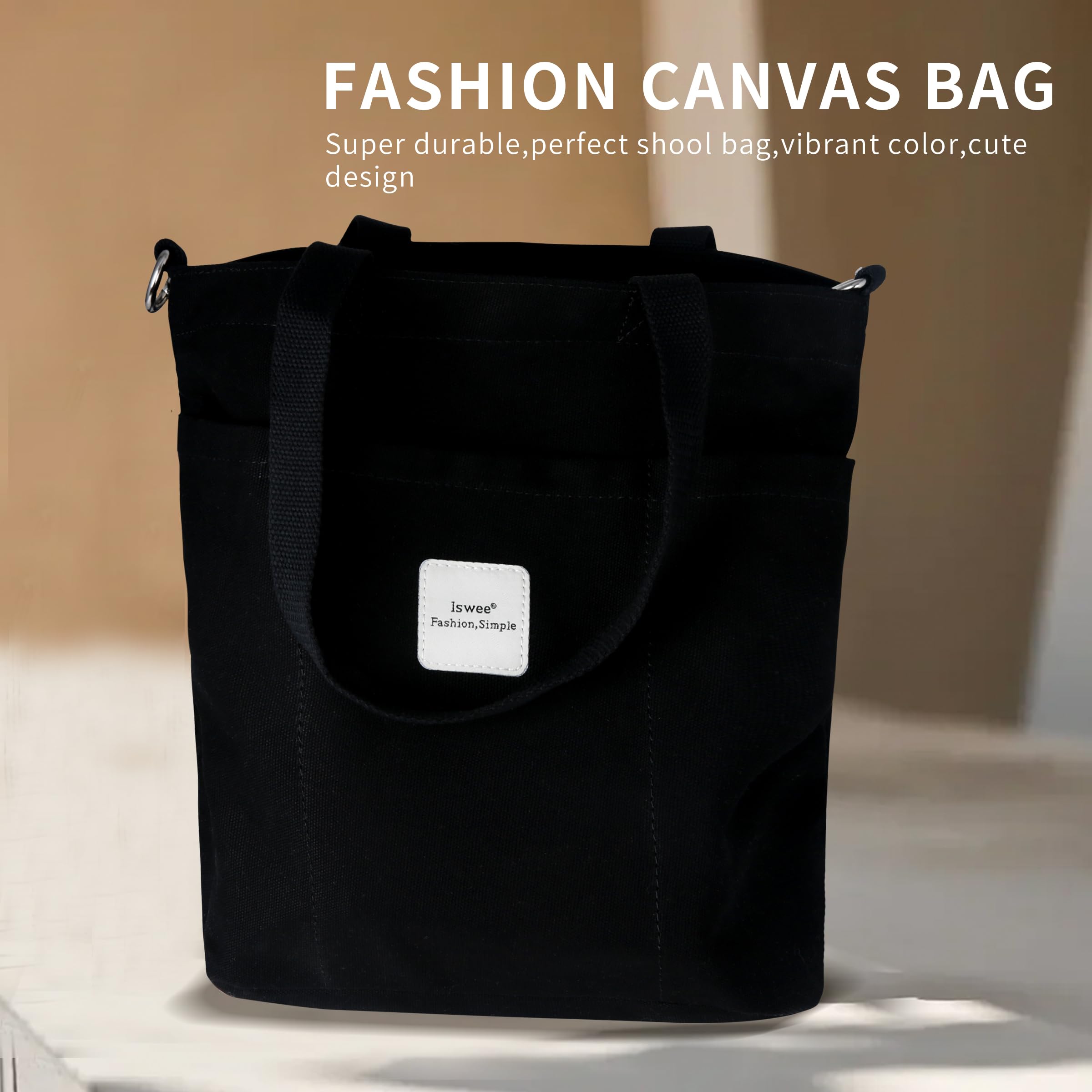 Iswee Canvas Tote Bag with Zipper Multi Pockets Tote Purse for Women Fashion Crossbody Tote Shoulder Bag Handbag Everyday Bag(Black)