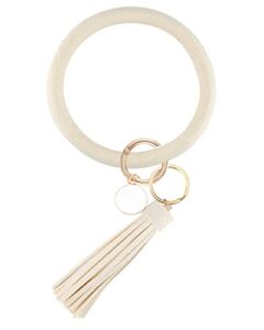 weixiltc large circle key ring leather tassel bracelet holder keychain keyring for women girl (beige)