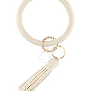 Weixiltc Large Circle Key Ring Leather Tassel Bracelet Holder Keychain Keyring For Women Girl (Beige)