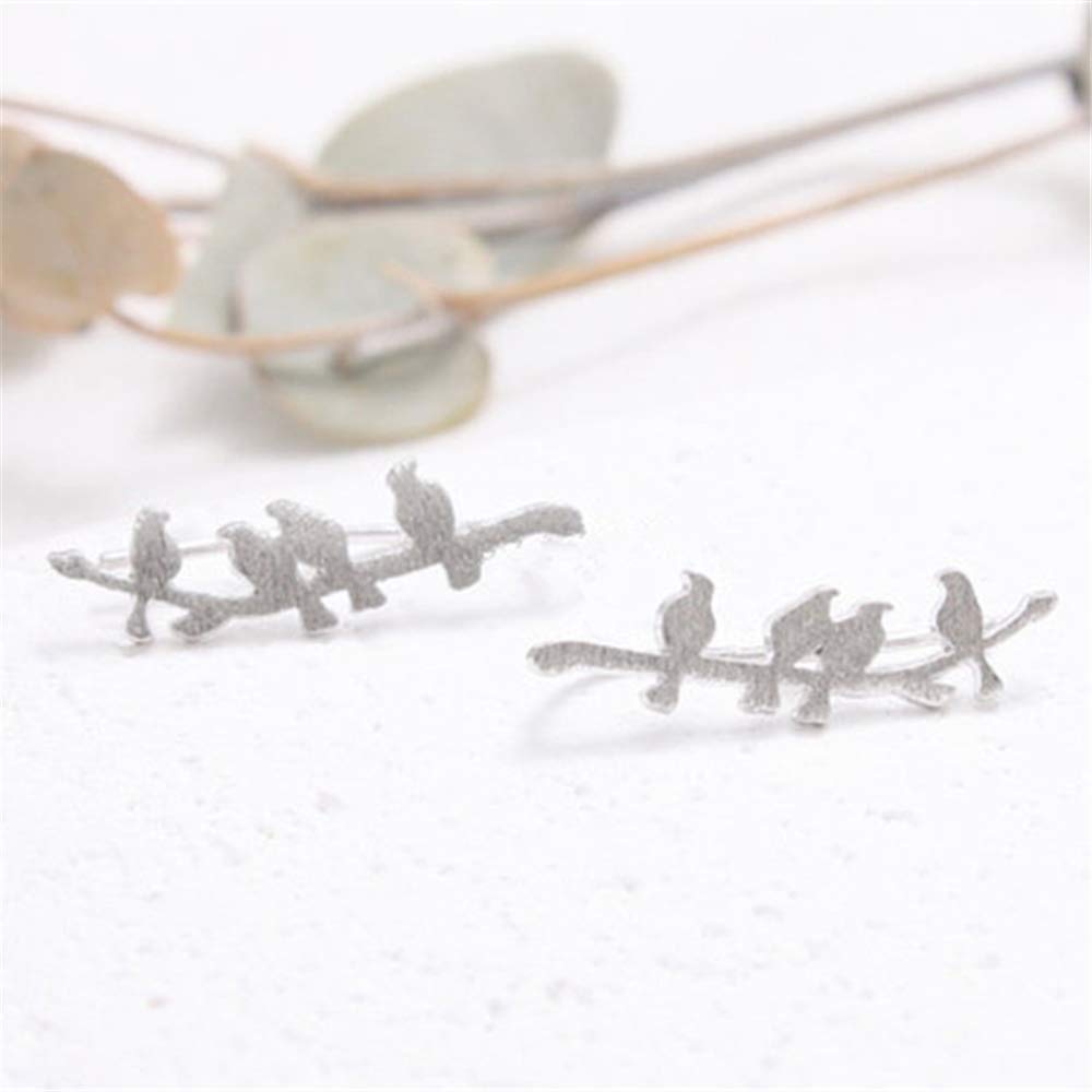 Bird Ear Cuff Wrap Crawler Climber Earrings for Women S925 Sterling Silver Brushed Little Birds Stand on Tree Branch Stud Clip on Post Pin Earrings Delicate Lightweight Jewelry (Silver)