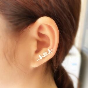 Bird Ear Cuff Wrap Crawler Climber Earrings for Women S925 Sterling Silver Brushed Little Birds Stand on Tree Branch Stud Clip on Post Pin Earrings Delicate Lightweight Jewelry (Silver)