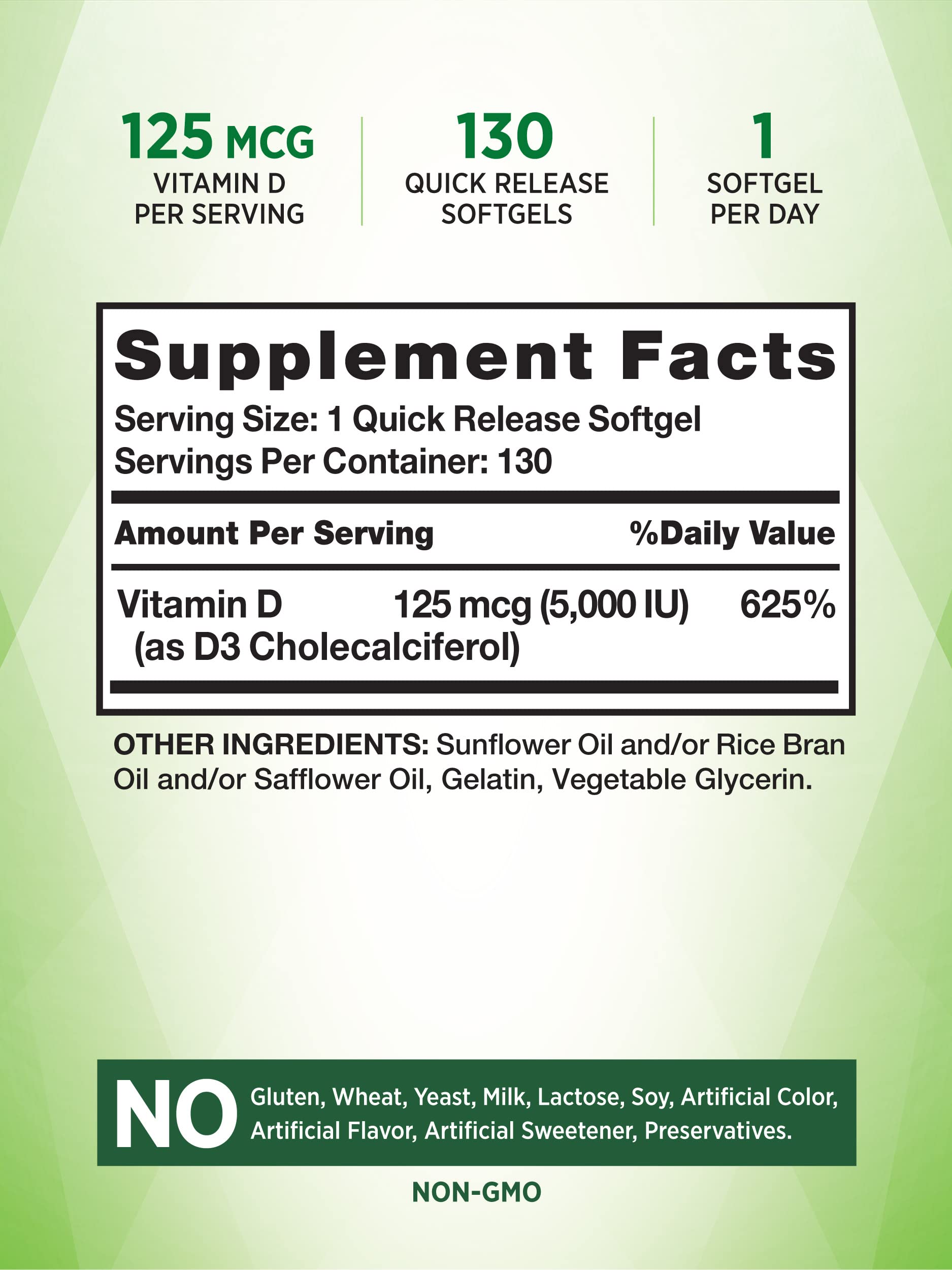 Nature's Truth Vitamin D3 5000 IU Softgels 130 Count | High Potency Vitamin D | Non-GMO, Gluten Free