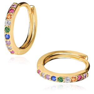 lavla rainbow pave cz gold hoop earrings for women | small huggie earrings for cartilage, lobe, multiple piercings