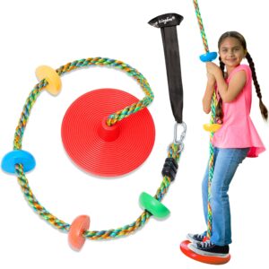 jungle gym kingdom tree swing for kids - single disc seat and rainbow climbing rope set w/carabiner and 4 foot strap - treehouse and outdoor playground accessories - red