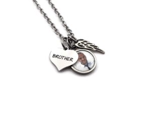 loss of brother memorial necklace, photo jewelry with picture charm, condolence gift for brother in heaven, angel wing remembrance jewelry