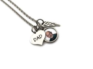 handmade by remember me loss of father gift, in loving memory, dad memorial necklace in memory of dad necklace with picture charm, angel wing, and dad charm