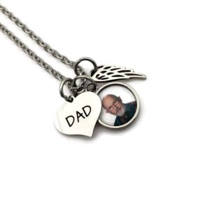 Handmade by Remember Me Loss of Father Gift, In Loving Memory, Dad Memorial Necklace In Memory of Dad Necklace with Picture Charm, Angel Wing, and Dad Charm