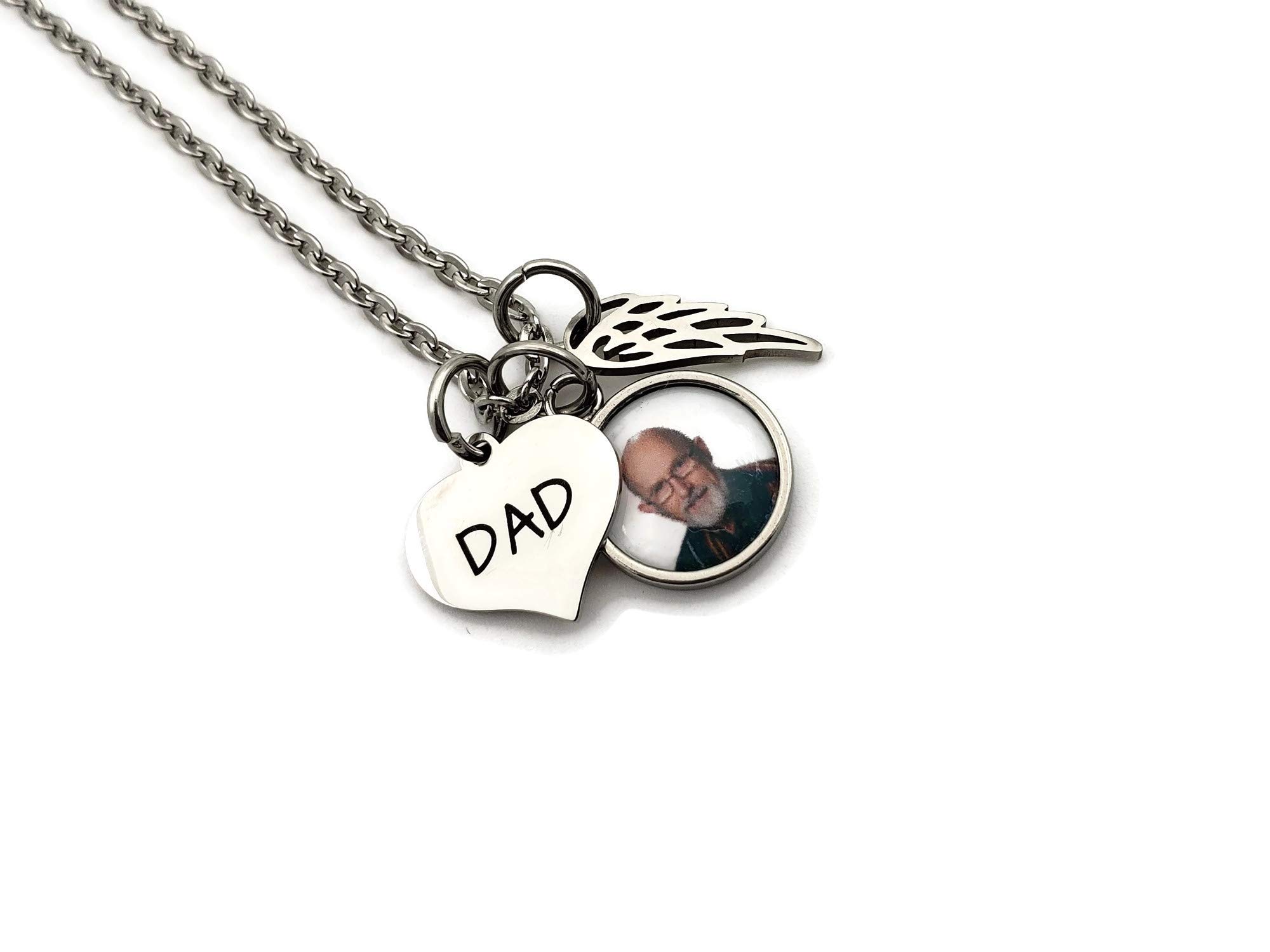 Handmade by Remember Me Loss of Father Gift, In Loving Memory, Dad Memorial Necklace In Memory of Dad Necklace with Picture Charm, Angel Wing, and Dad Charm