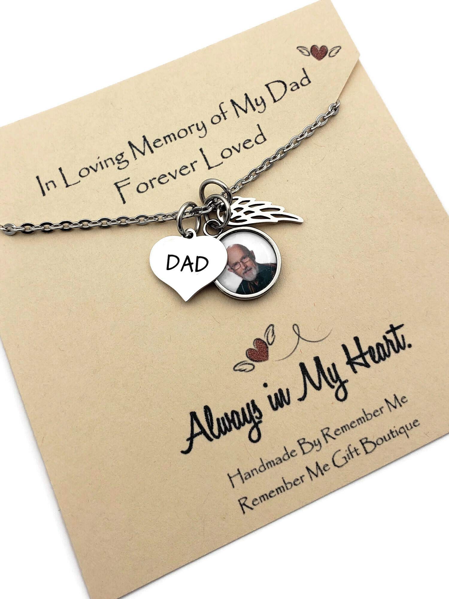 Handmade by Remember Me Loss of Father Gift, In Loving Memory, Dad Memorial Necklace In Memory of Dad Necklace with Picture Charm, Angel Wing, and Dad Charm