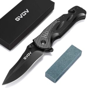 gvdv utility pocket knife with 7cr17 stainless steel - folding knife for edc outdoor camping hunting, seatbelt cutter, glass breaker for emergencies, black