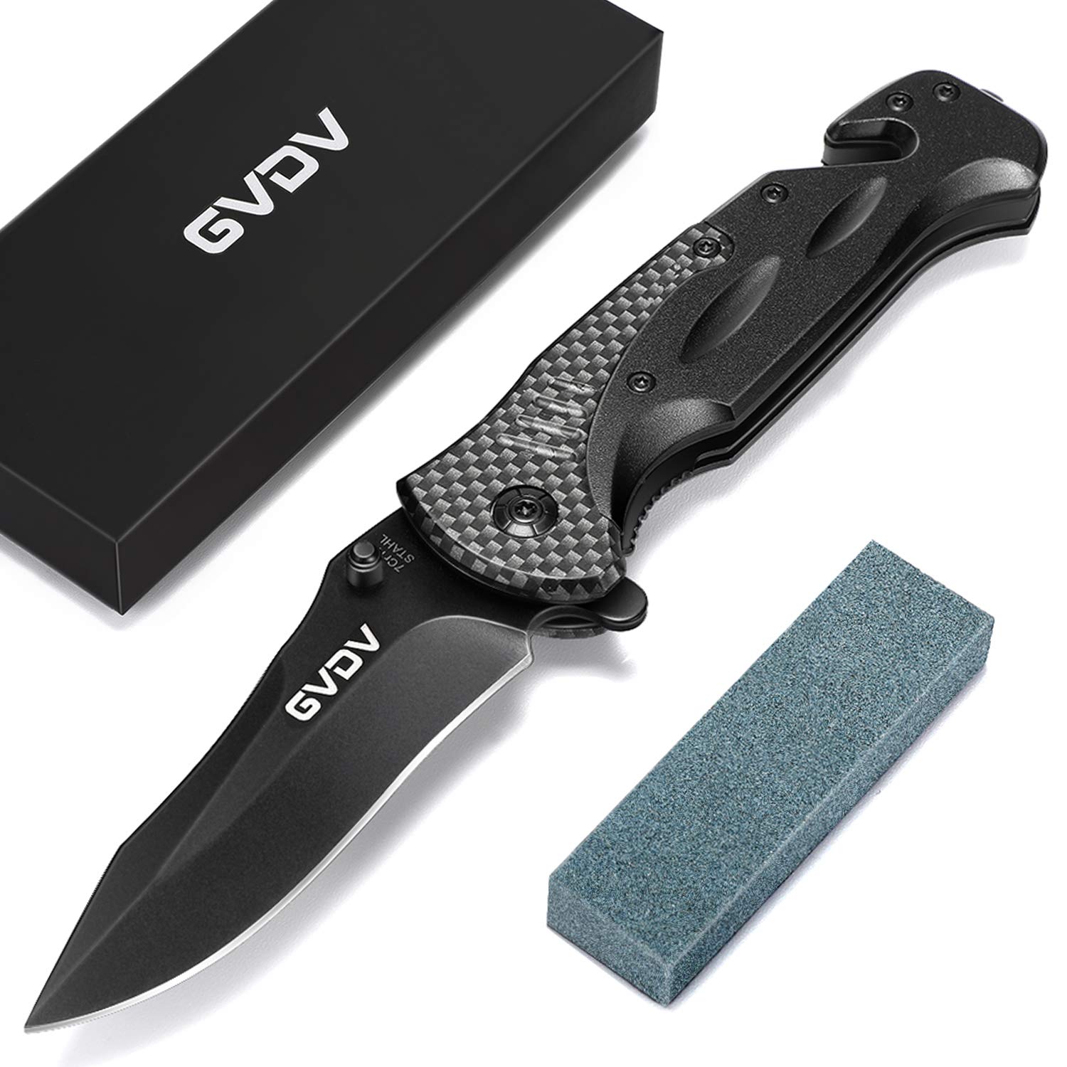 GVDV Utility Pocket Knife with 7Cr17 Stainless Steel - Folding Knife for EDC Outdoor Camping Hunting, Seatbelt Cutter, Glass Breaker for Emergencies, Black