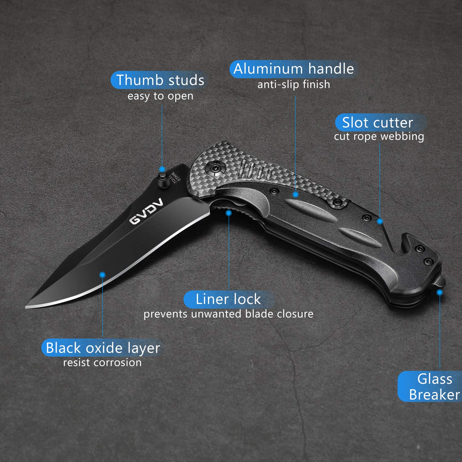 GVDV Utility Pocket Knife with 7Cr17 Stainless Steel - Folding Knife for EDC Outdoor Camping Hunting, Seatbelt Cutter, Glass Breaker for Emergencies, Black