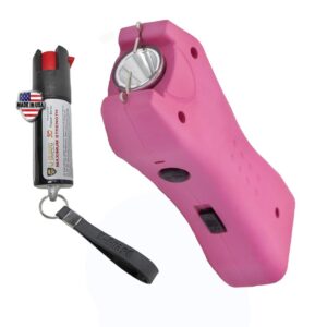 pocket stun gun flashlight pepper spray kit. includes mini stun gun flashlight & .5 oz keychain oc cs self defense spray. powerful weapons compact mini stun gun for women or men. (pink)