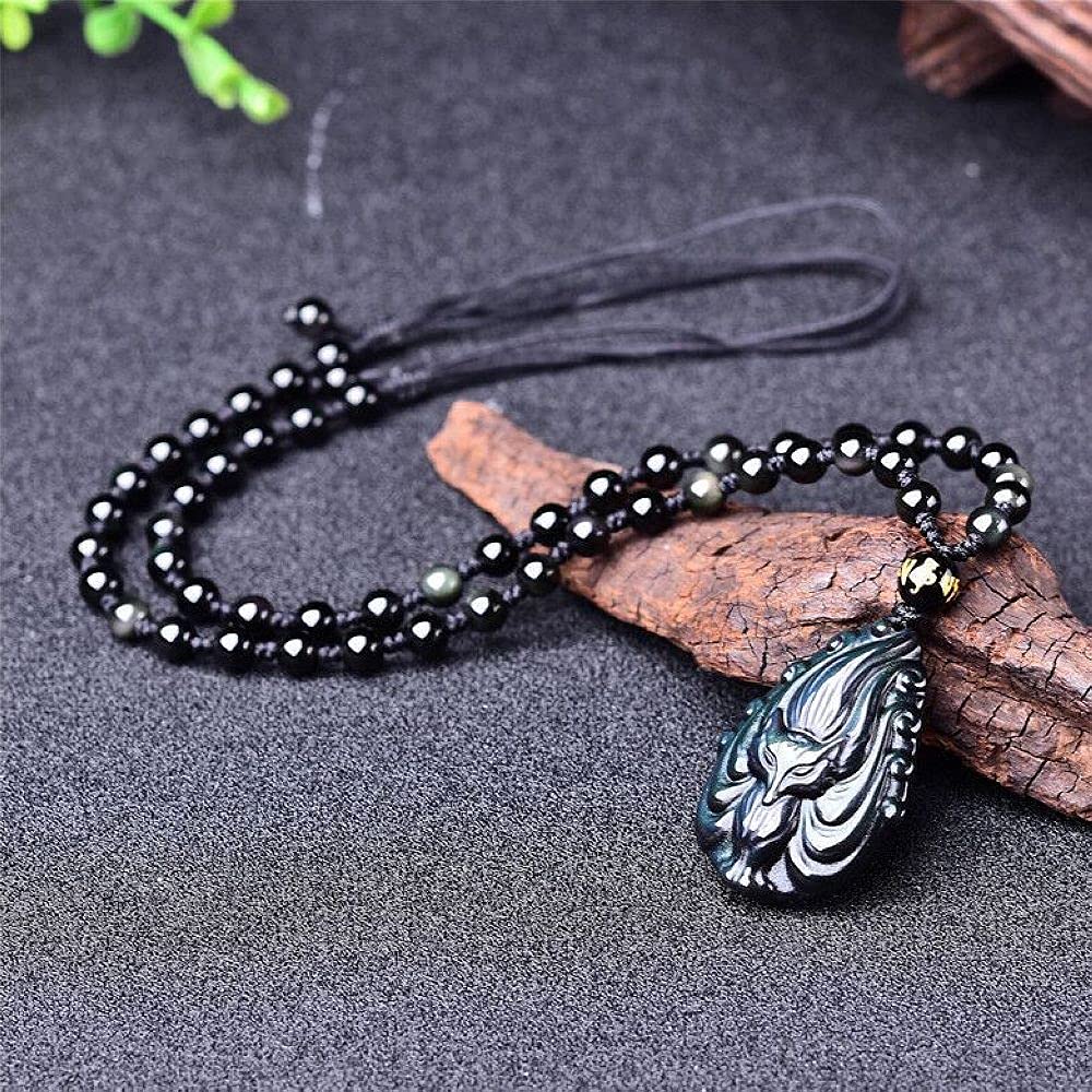 Crystal Obsidian nine tail fox gumiho necklace pendant with bead chain for wen or women (rainbow obsidian)