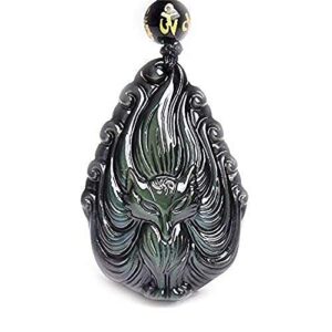 Crystal Obsidian nine tail fox gumiho necklace pendant with bead chain for wen or women (rainbow obsidian)