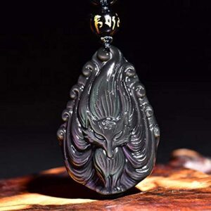 Crystal Obsidian nine tail fox gumiho necklace pendant with bead chain for wen or women (rainbow obsidian)