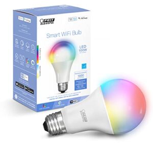 feit electric smart bulb, 100w equivalent color changing and tunable white, 2.4ghz wifi light bulb, no hub needed, works with alexa and google assistant, high cri dimmable led om100/rgbw/ca/ag, 1 pack