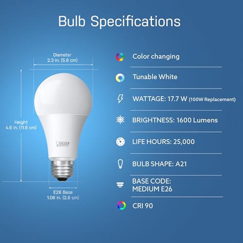 Feit Electric Smart Bulb, 100W Equivalent Color Changing and Tunable White, 2.4Ghz Wifi light bulb, No Hub Needed, Works with Alexa and Google Assistant, High CRI Dimmable LED OM100/RGBW/CA/AG, 1 Pack