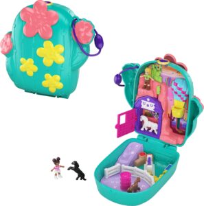 polly pocket playset, travel toy with 2 micro dolls & pet horses, pocket world cactus cowgirl ranch compact