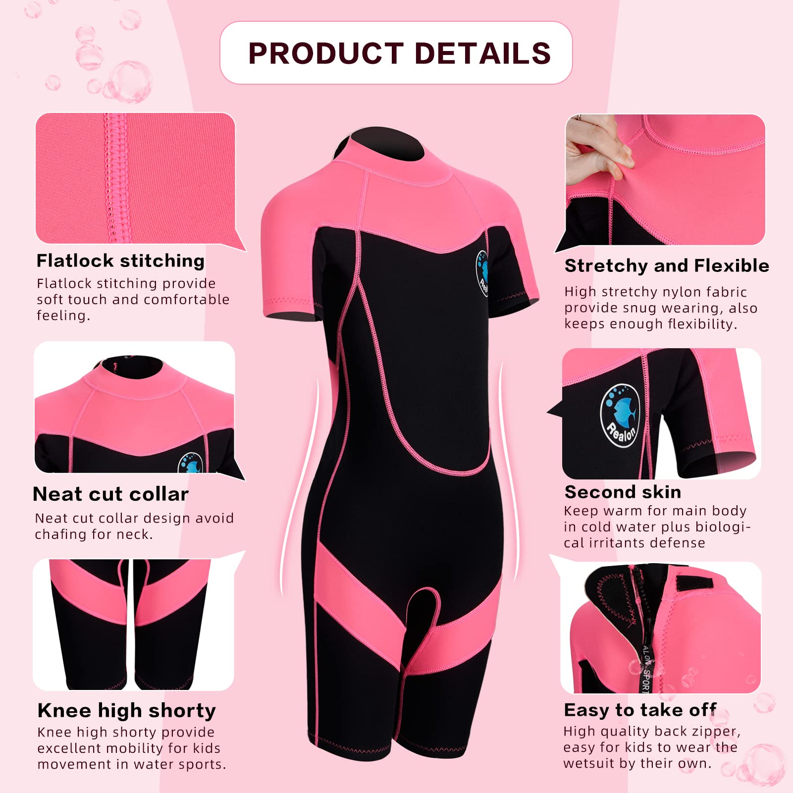 REALON Shorty Wetsuit Kids for Boys/Girls Shorty Baby One Piece Wet Suit 2mm Neoprene Wet Suit Shorty Back Zipper 3t to 12t Toddler/Infant Swimsuit for Surfing Snorkeling Swimming