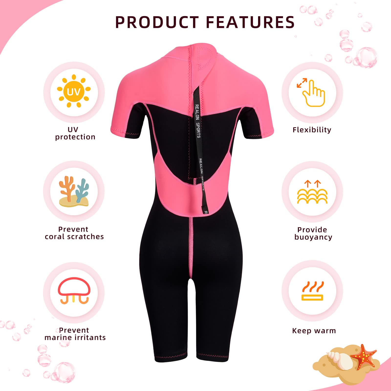 REALON Shorty Wetsuit Kids for Boys/Girls Shorty Baby One Piece Wet Suit 2mm Neoprene Wet Suit Shorty Back Zipper 3t to 12t Toddler/Infant Swimsuit for Surfing Snorkeling Swimming