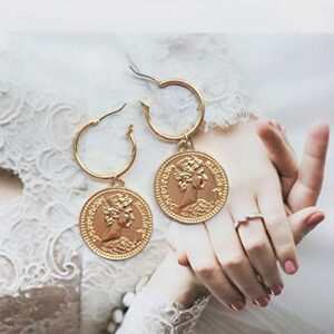 Doubnine Coin Hoops Earrings Medallion Greek Goddess Portrait Gold Dainty Tiny Disc Dangle Women Fashion Jewelry