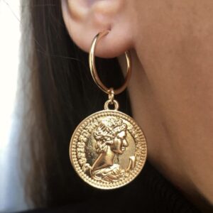 Doubnine Coin Hoops Earrings Medallion Greek Goddess Portrait Gold Dainty Tiny Disc Dangle Women Fashion Jewelry