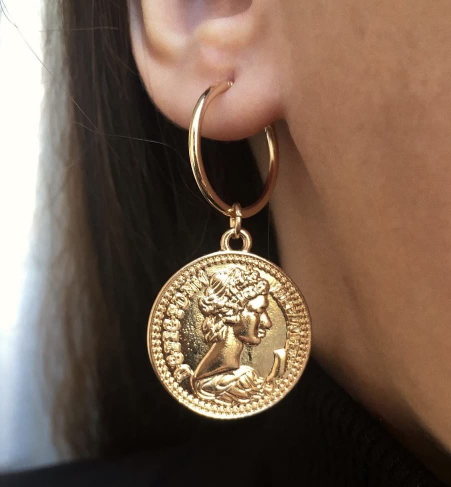 Doubnine Coin Hoops Earrings Medallion Greek Goddess Portrait Gold Dainty Tiny Disc Dangle Women Fashion Jewelry