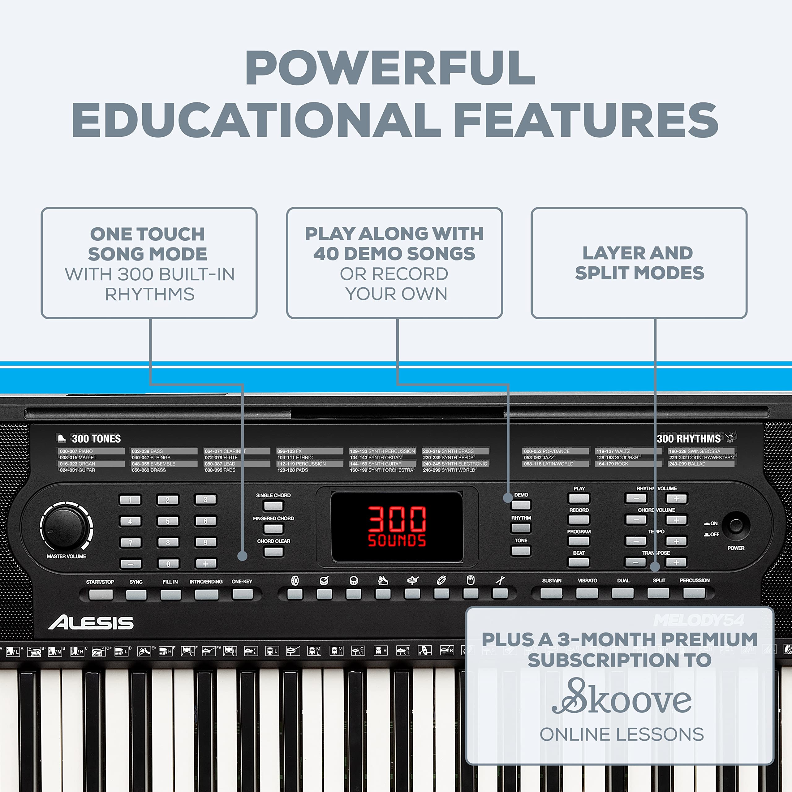 Alesis Melody 54 - Electric Keyboard Digital Piano with 54 Keys, Speakers, 300 Sounds, 300 Rhythms, 40 Songs, Microphone and Piano Lessons