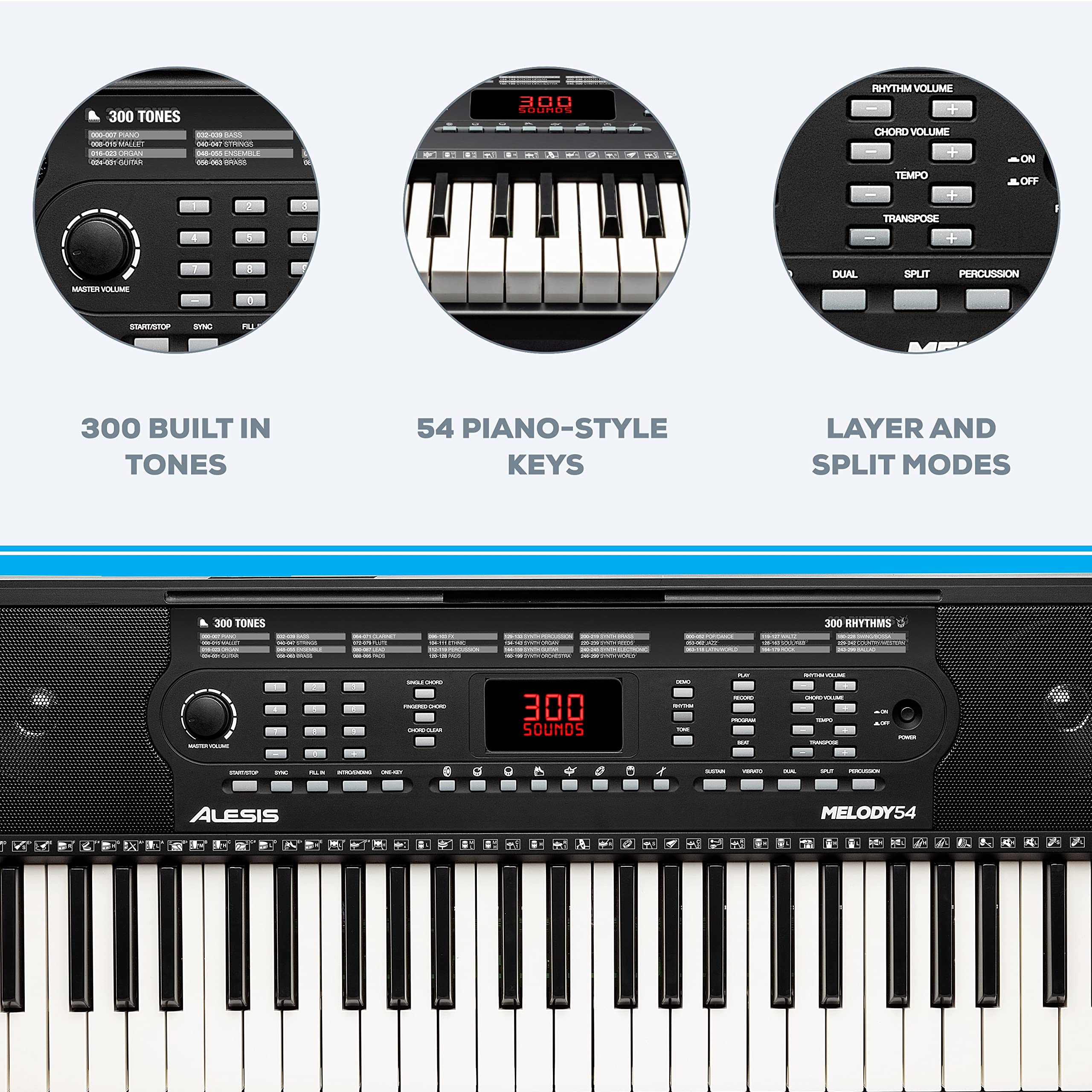 Alesis Melody 54 - Electric Keyboard Digital Piano with 54 Keys, Speakers, 300 Sounds, 300 Rhythms, 40 Songs, Microphone and Piano Lessons