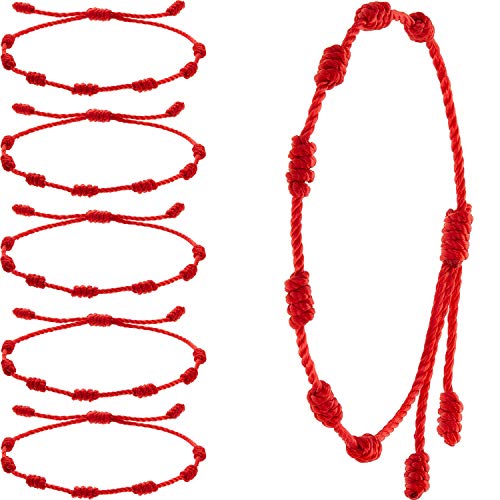 WILLBOND 6 Pieces Red String Bracelets Red Cord Bracelet Adjustable Red Knot String Bracelet Amulet for Protection, Evil Eye and Good Luck(7 Knots Style)