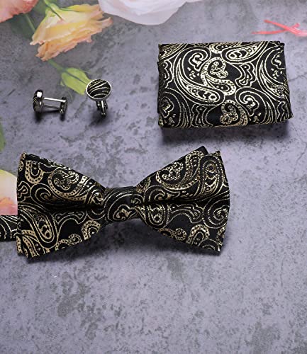 DiBanGu Black Gold Paisley Bow Tie for Men Adjustable Pretied Bow Tie Handkerchief Cufflinks