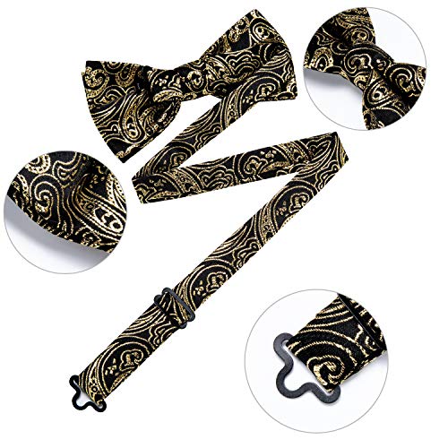 DiBanGu Black Gold Paisley Bow Tie for Men Adjustable Pretied Bow Tie Handkerchief Cufflinks