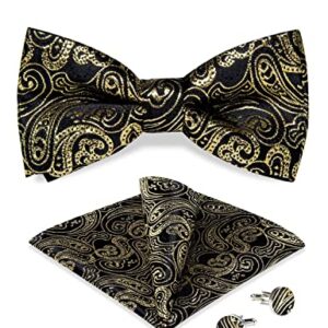 DiBanGu Black Gold Paisley Bow Tie for Men Adjustable Pretied Bow Tie Handkerchief Cufflinks