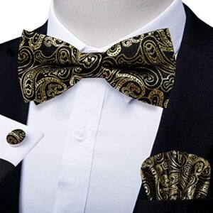 DiBanGu Black Gold Paisley Bow Tie for Men Adjustable Pretied Bow Tie Handkerchief Cufflinks